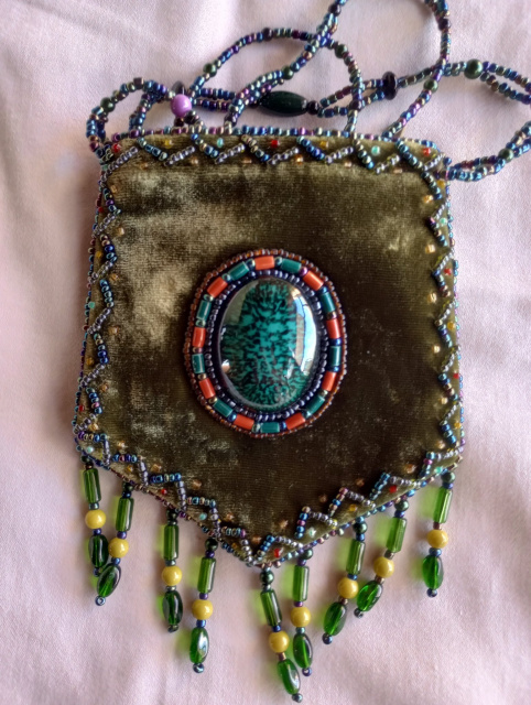 Amulet bags - 5 pointed w/ zipper - 1.5" fringe - 48" beaded strap